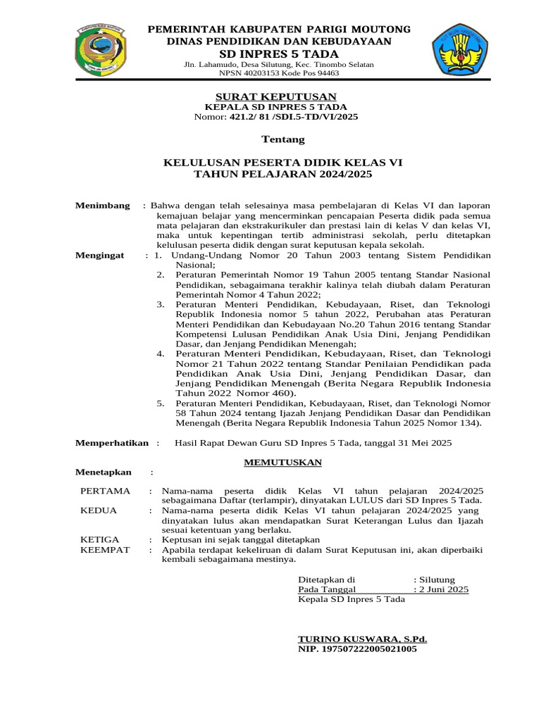 SK Penetapan Kelulusan SD Inp. 5 Tada Tapel. 2024-2025 | PDF