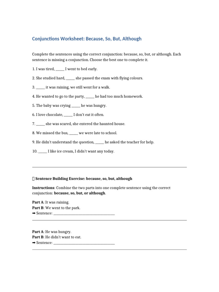 Conjunctions Worksheet Because So But Although | PDF | Question