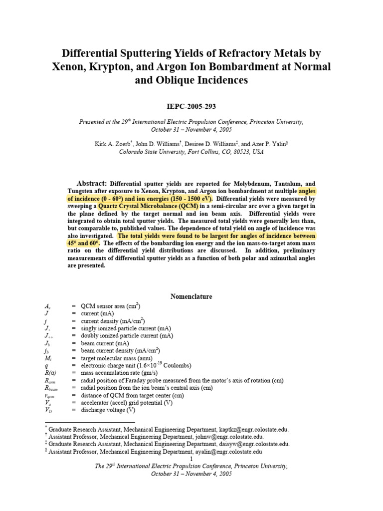 IEPC-2005-293 Differential Sputtering Yields of Refractory Metals by Xe ...