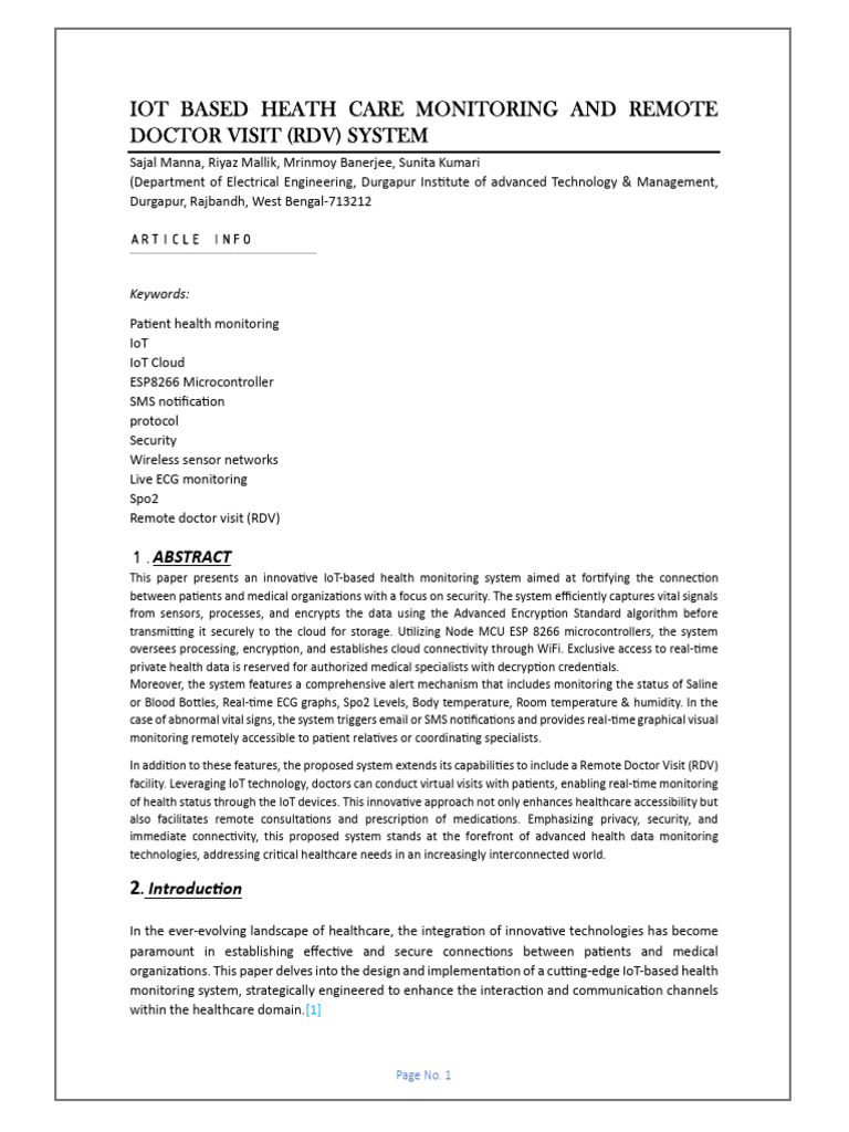 Iot Based Heath Care Monitoring and Remote Doctor Visit (RDV) System ...
