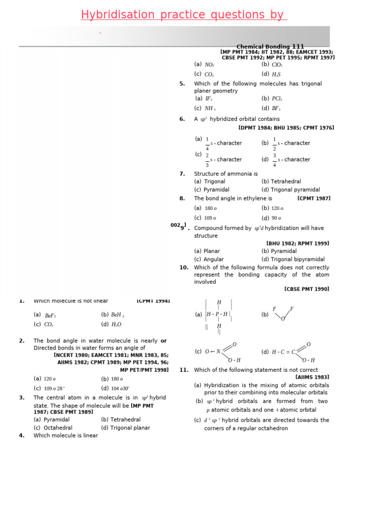 Hybridization Practice Questions by RK Sir | PDF | Chemical Bond ...