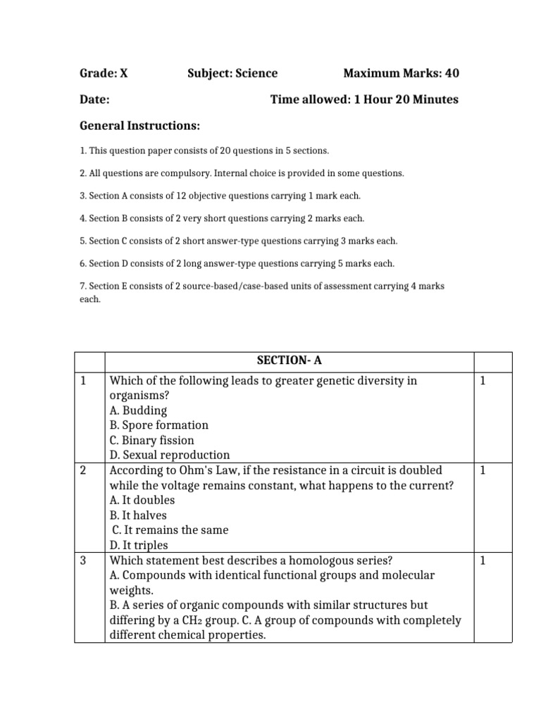 Class 10 CBSE Science Exam Paper Section Table Format | PDF ...