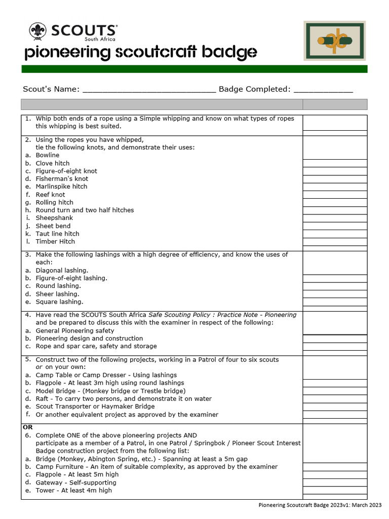 Pioneering Scoutcraft Badge Requirements | PDF