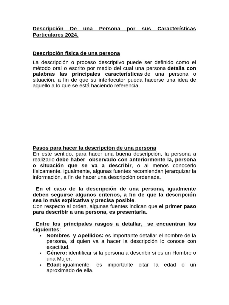 Descripción de Una Persona Por Sus Características Particulares 2024. | PDF