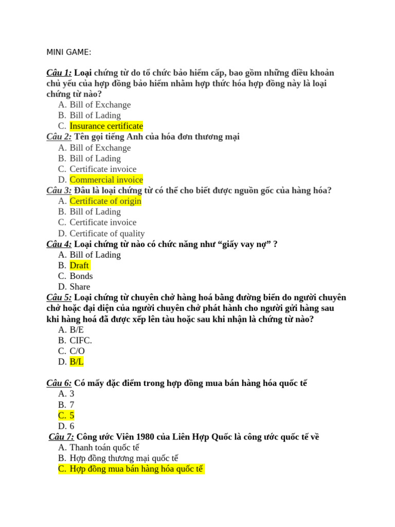 câu hỏi Minigame c12 | PDF