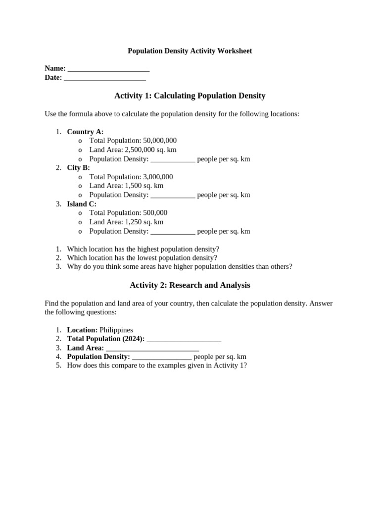 Population Density Activity Worksheet | PDF