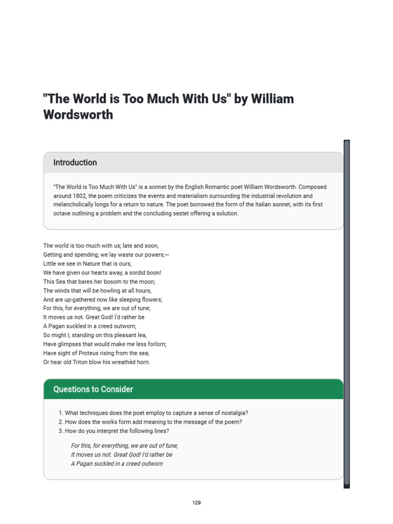 "The World Is Too Much With Us" by William Wordsworth | PDF