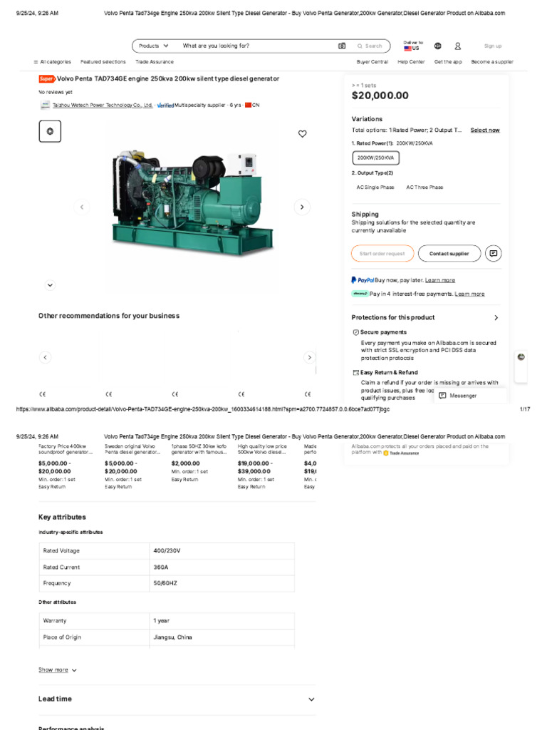 Volvo Penta Tad734ge Engine 250kva 200kw Silent Type Diesel Generator ...