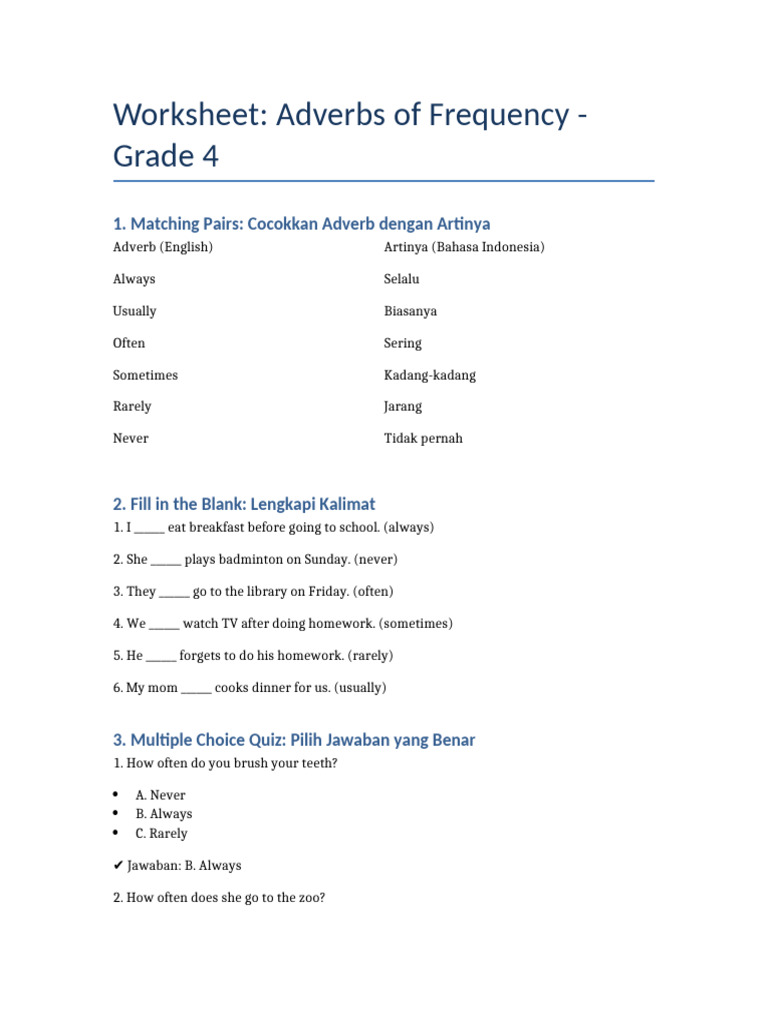 Worksheet Adverbs of Frequency Grade4 | PDF