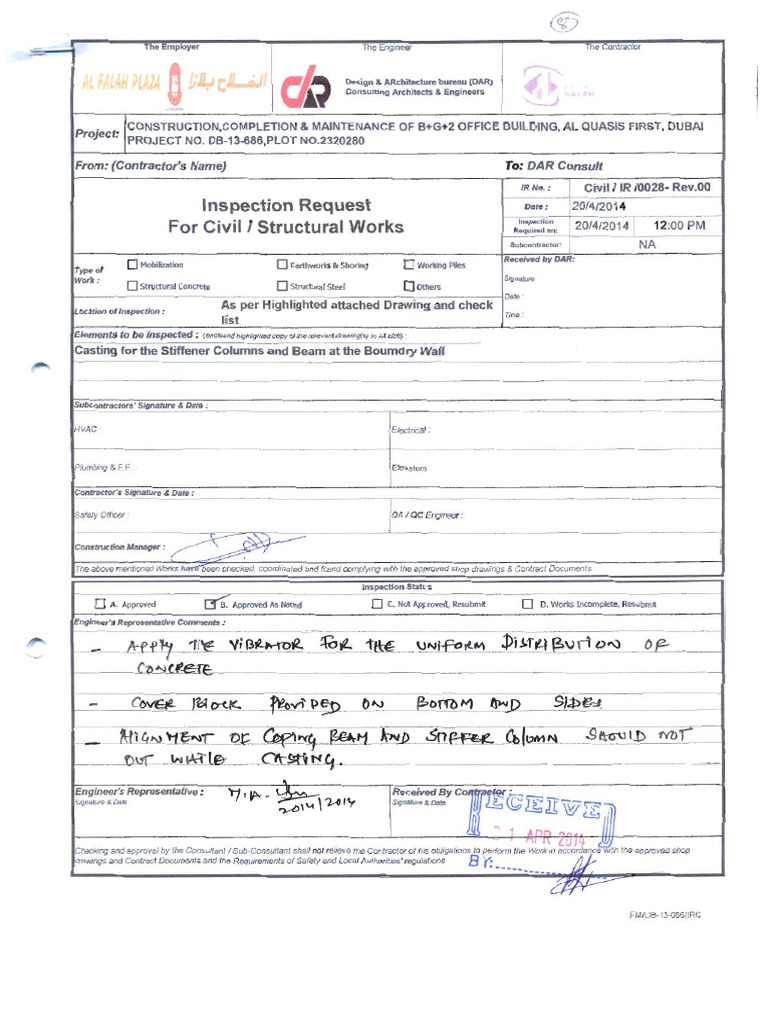 Civil - Ir.028-Rev-0 Casting For The Stiffner Column and Beam at The ...