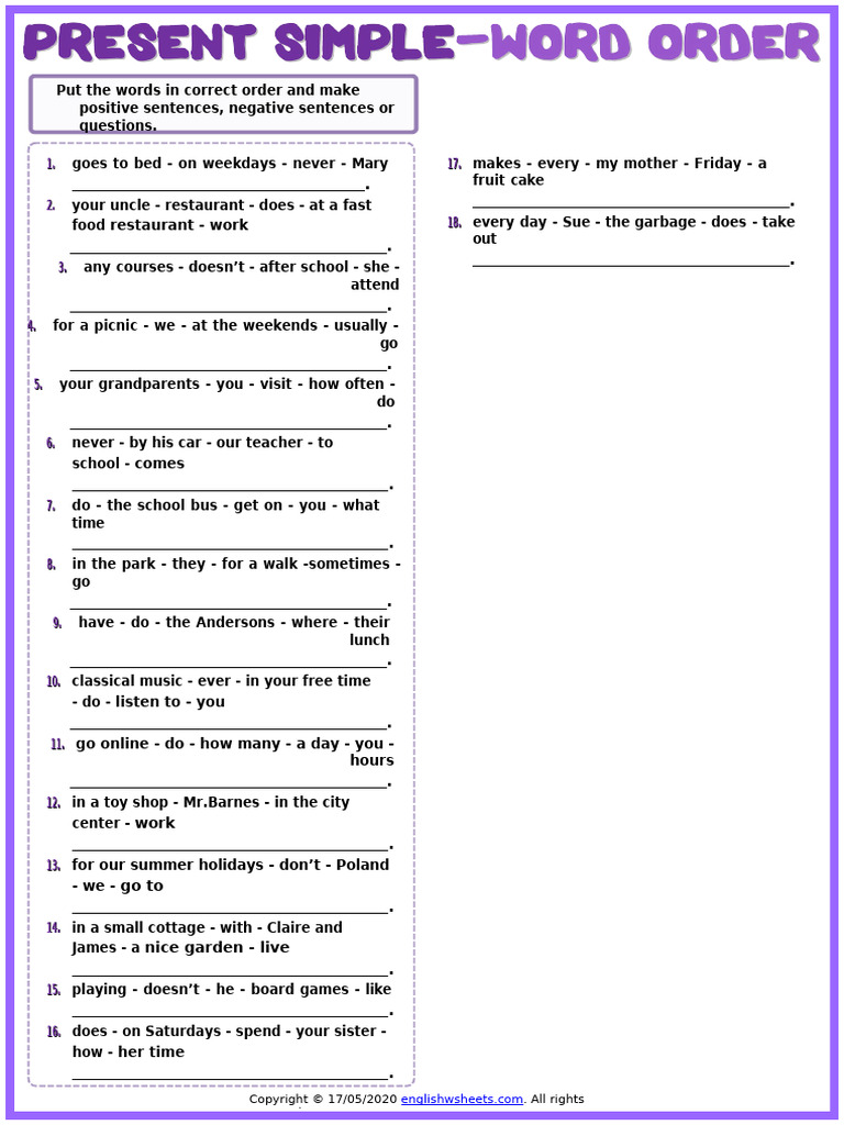 Present Simple Tense Esl Printable Word Order Exercise Worksheet | PDF | Workweek And Weekend