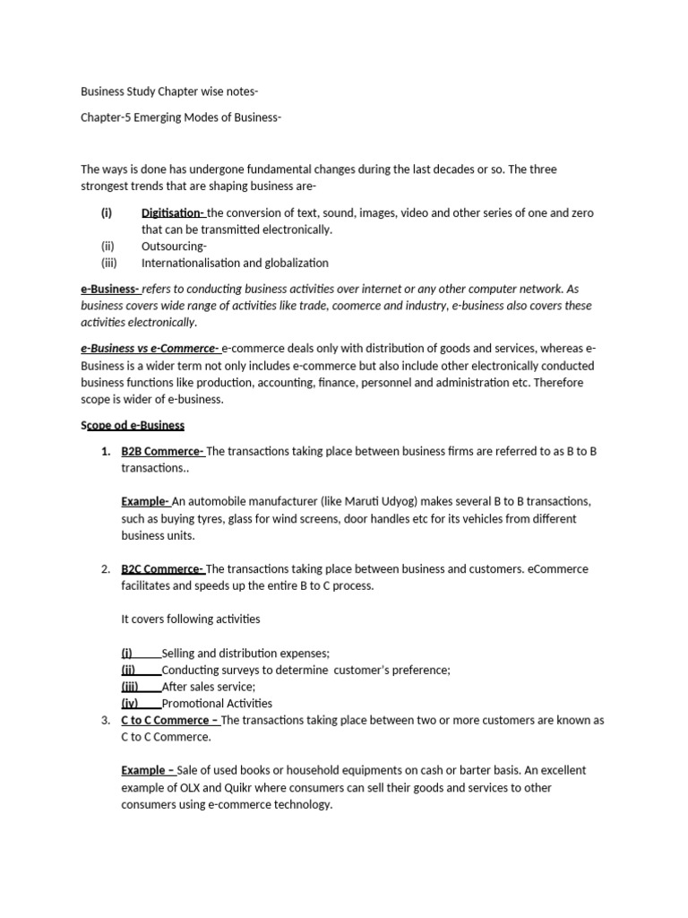 Business Study Chapter Wise Notes | PDF | Outsourcing | Electronic Business