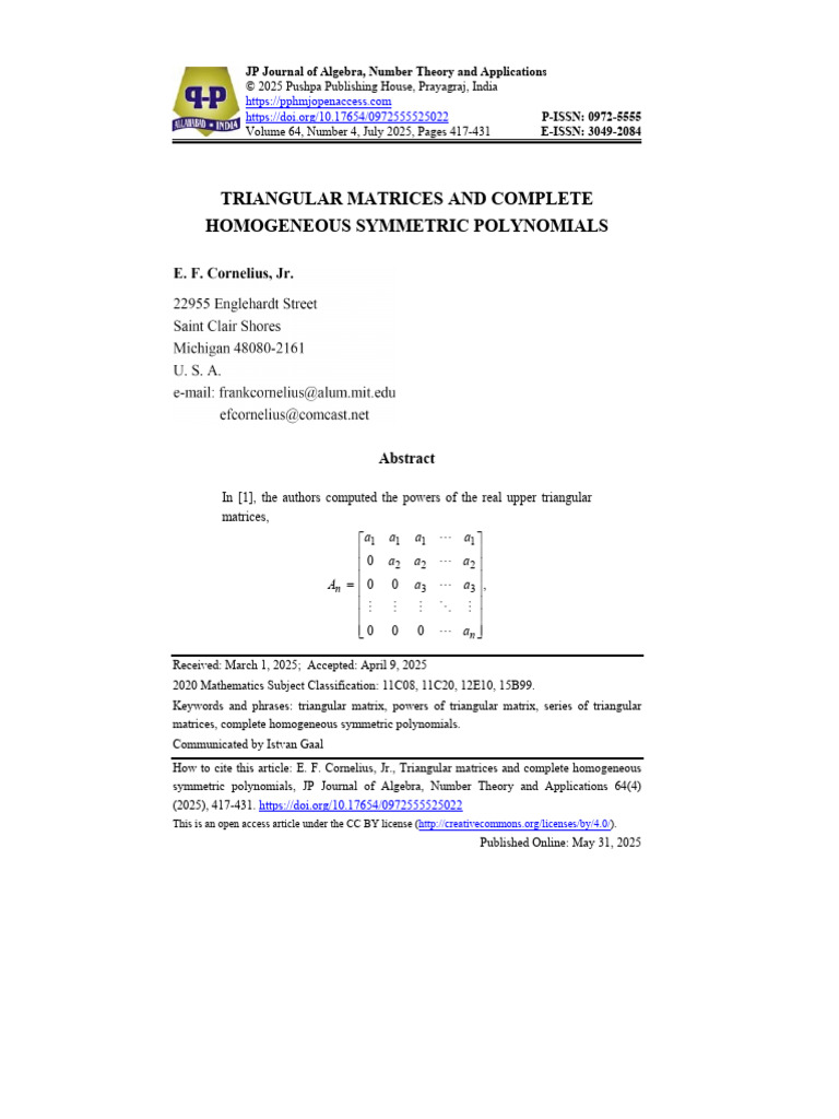 Triangular Matrices and Complete Homogeneous Symmetric Polynomials | PDF | Matrix (Mathematics ...