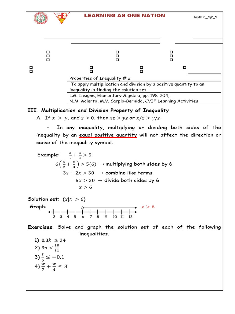 Math 8 Q2 LAS 5 Properties of Inequality 2 | PDF | Inequality ...