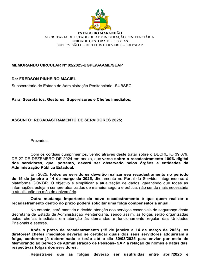 Sei - 2025.560101.03758 - Recadastramento Dos Servidores 2025 | PDF ...
