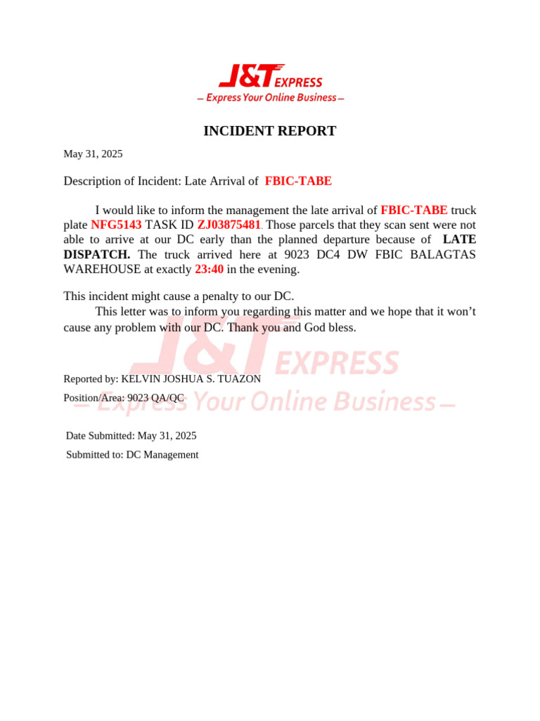 FBIC-TABE Late Arrival Incident Report | PDF