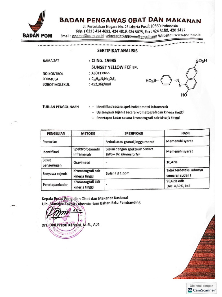 Sertifikasi Analisis Sunset Yellow FCF | PDF