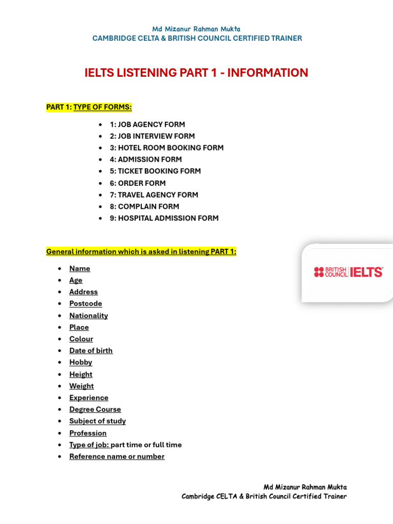 Ielts Listening Part 1 Information | PDF