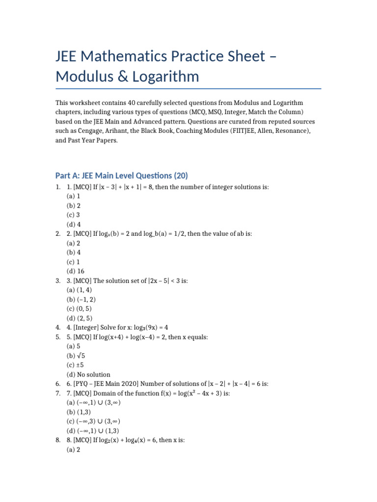 JEE Practice Modulus Logarithm | PDF | Mathematical Concepts | Mathematical Objects