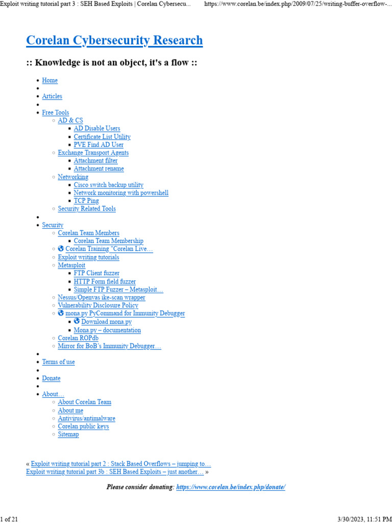 Exploit Writing Tutorial Part 3 SEH Based Exploits Corelan Cybersecurity Research | PDF ...