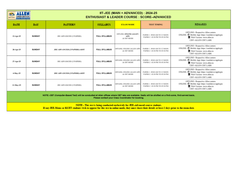 SCORE IIT-JEE Advanced Test Series 2024-25 | PDF | Educational Stages ...