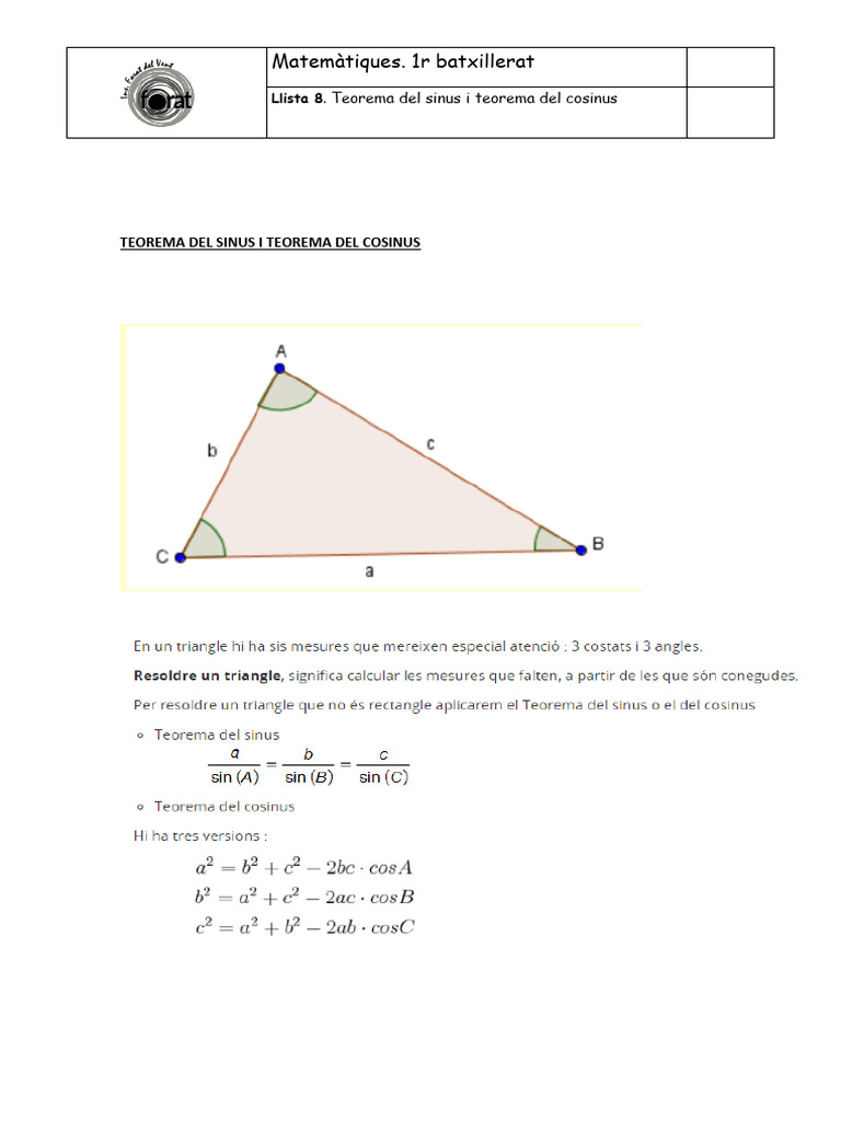 LOMLOE. Teorema Del Sinus I Teorema Del Cosinus | PDF