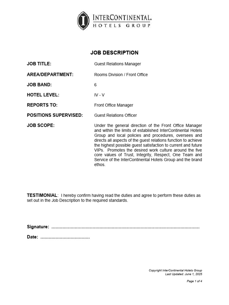 Job Module Guest Relations Manager | PDF | Occupational Safety And ...