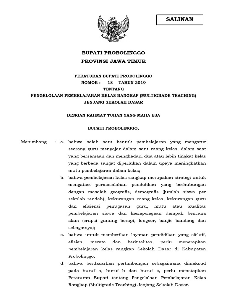 Perbup No. 18 Tahun 2019 Tentang Pengelolaan Pembelajaran Kelas Rangkap ...