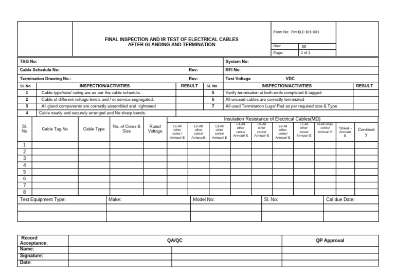 Electrical Cable Inspection and IR Test Report | PDF | Electrical ...
