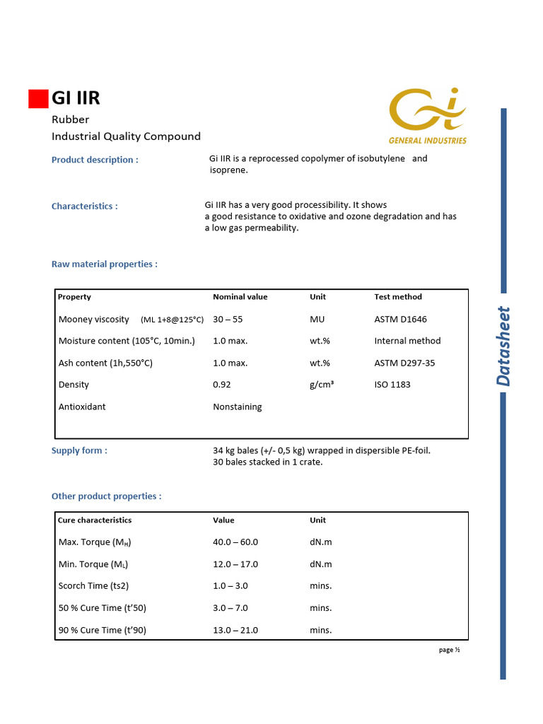 GI IIR Rubber Datasheet Overview | PDF | Materials Science | Materials