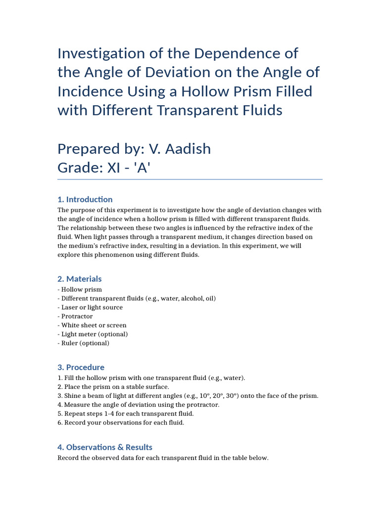 Angle Deviation in Hollow Prism Experiment | PDF | Refraction | Optics