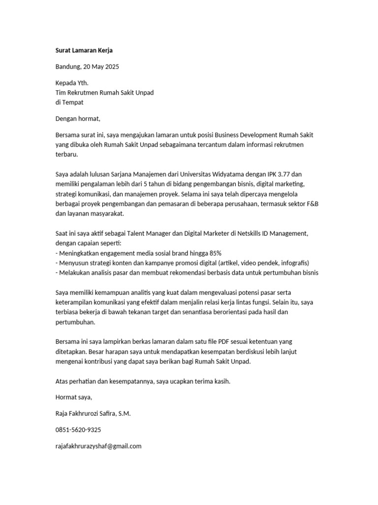 Surat Lamaran Business Development RS Unpad | PDF