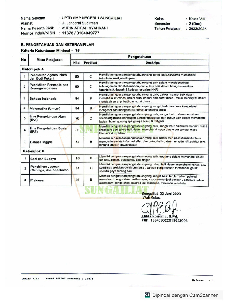 Rapot Aurin Semester 2 | PDF
