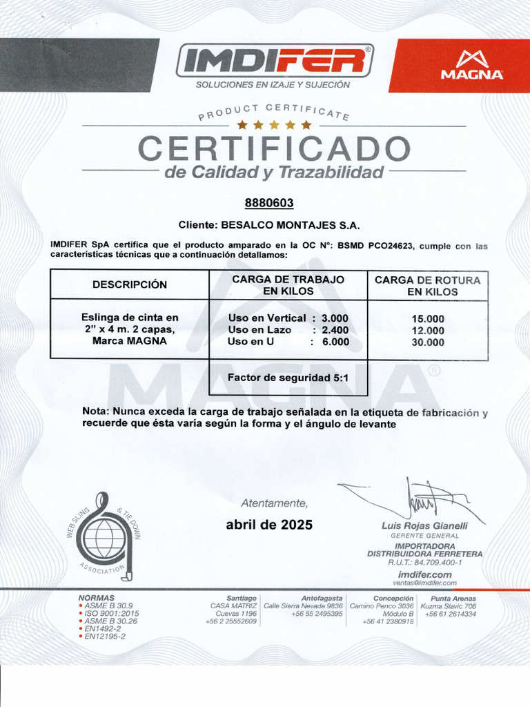 Eslinga 2 X 4M 2 Capas Marca Magna N°cert 8880603 | PDF