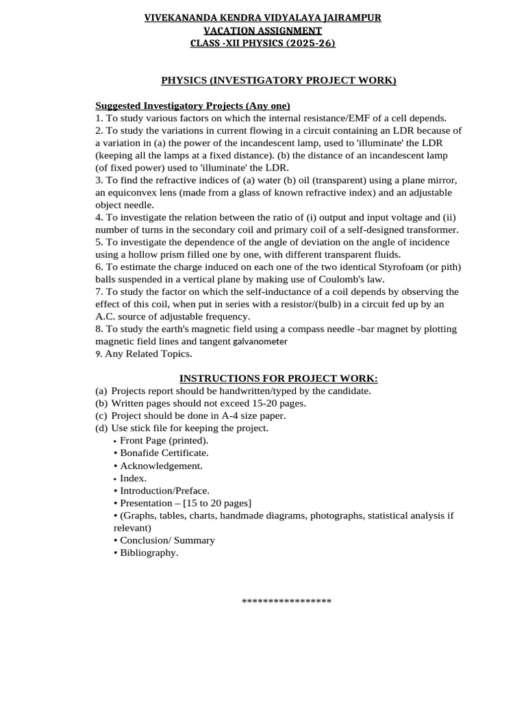 Vacation Assignment Class - Xii Physics (2025-26) - 095657 | PDF