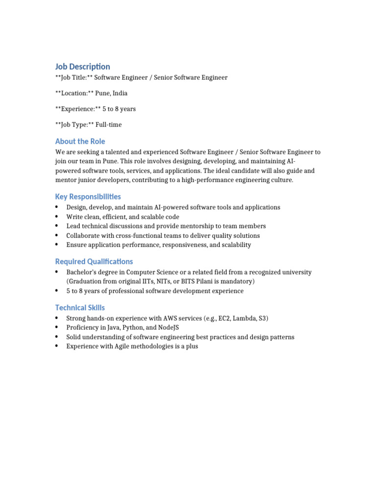Software Engineer Job Description | PDF