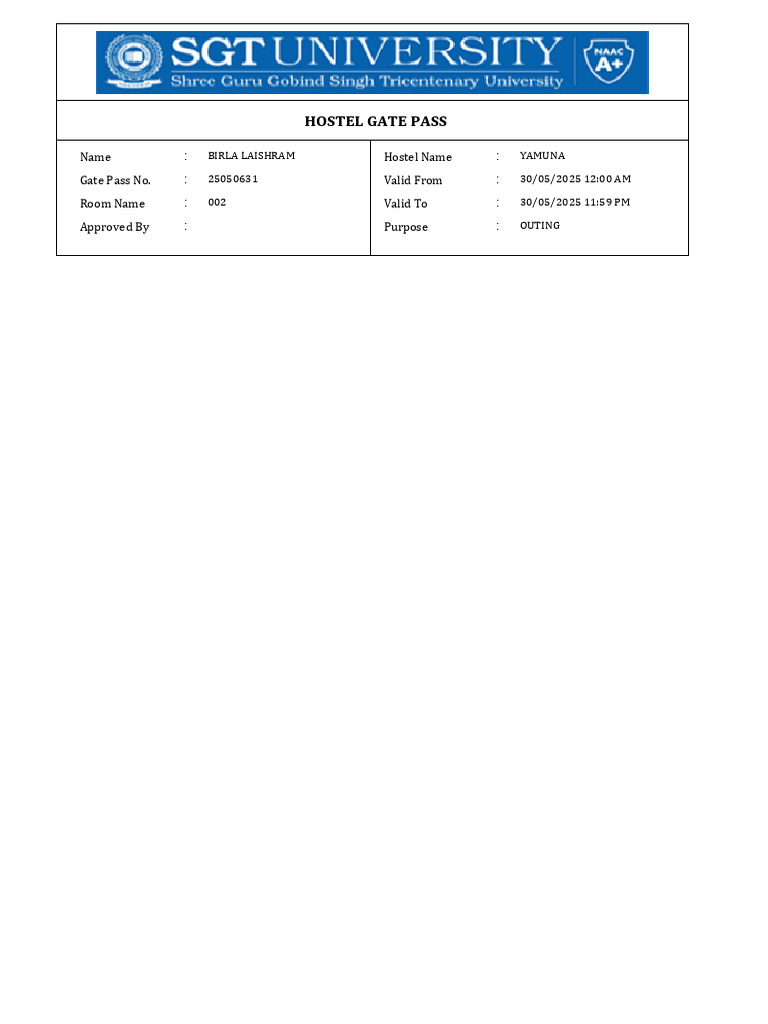 Hostel Gate Pass Format | PDF