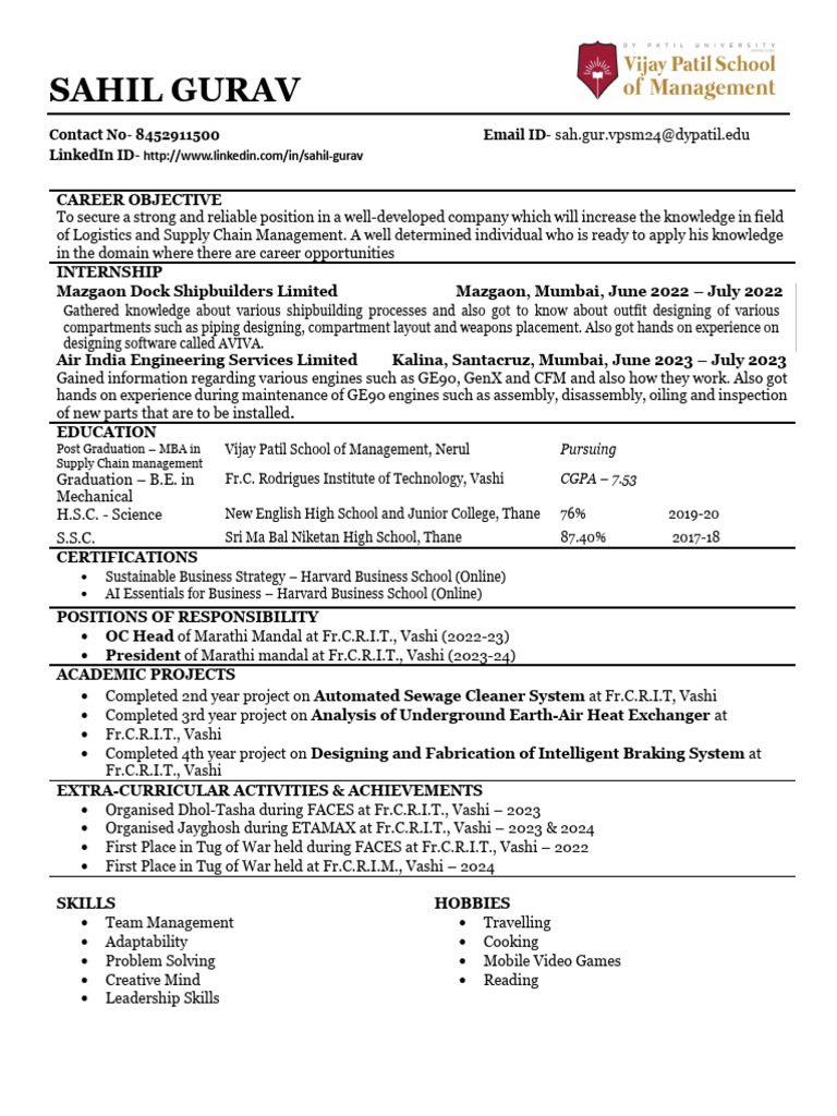 Sahil Gurav Resume Supply Chain Management | PDF | Business