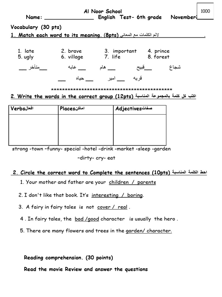 6th Grade English Test - Vocabulary & Comprehension | PDF