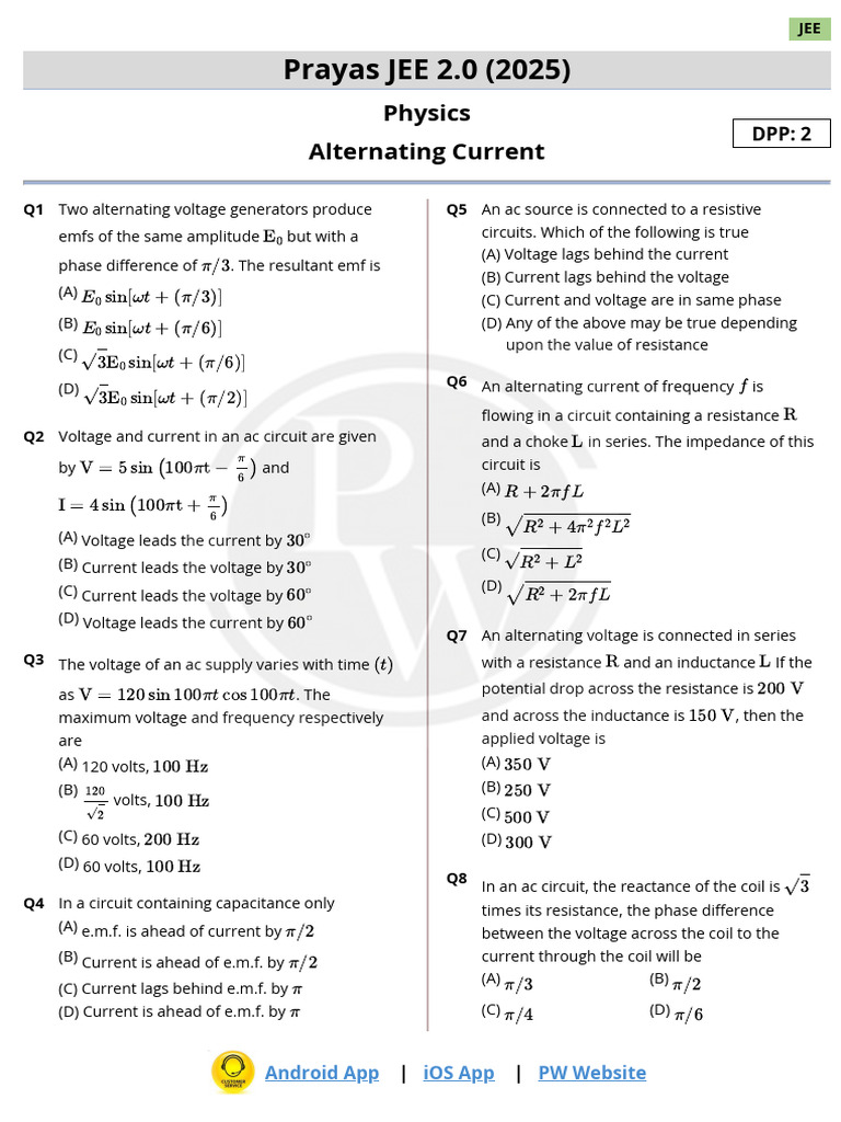 Alternating Current DPP 02 (Extra DPP) Prayas JEE 2.0 2025 | PDF | Metrology | Quantity