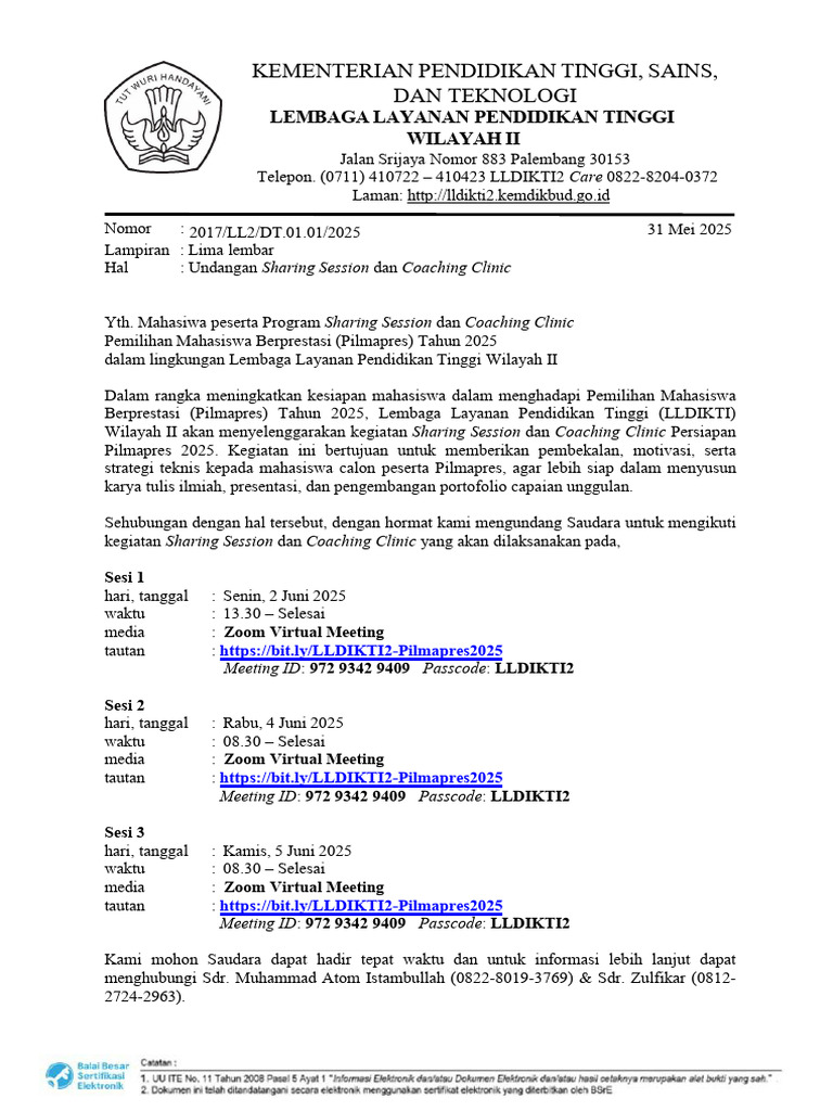 Undangan Sharing Session & Coaching Clinic PILMAPRES Tahun 2025 | PDF