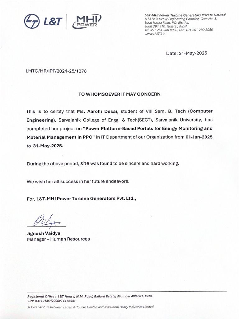 L&T Internship Certificate | PDF