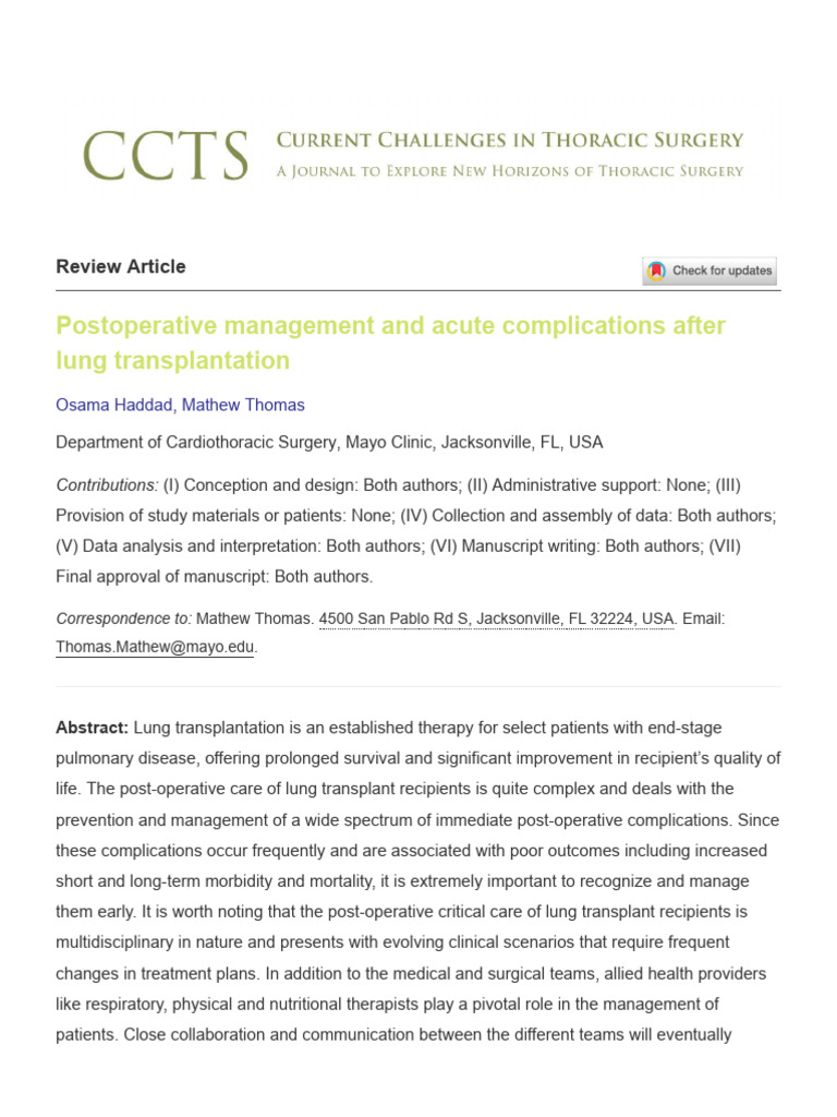 Postoperative Management and Acute Complications After Lung ...