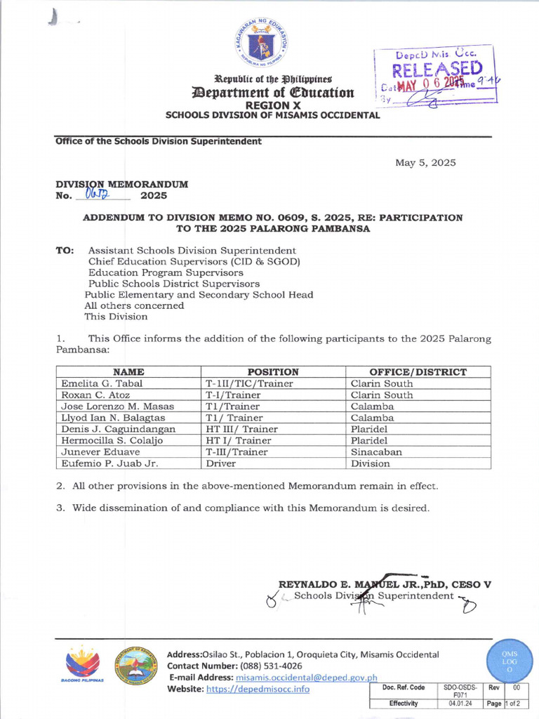 Dm. 0652 S. 2025 Addendum To Division Memo No. 0609 S. 2025 Re Participation To The 2025 ...