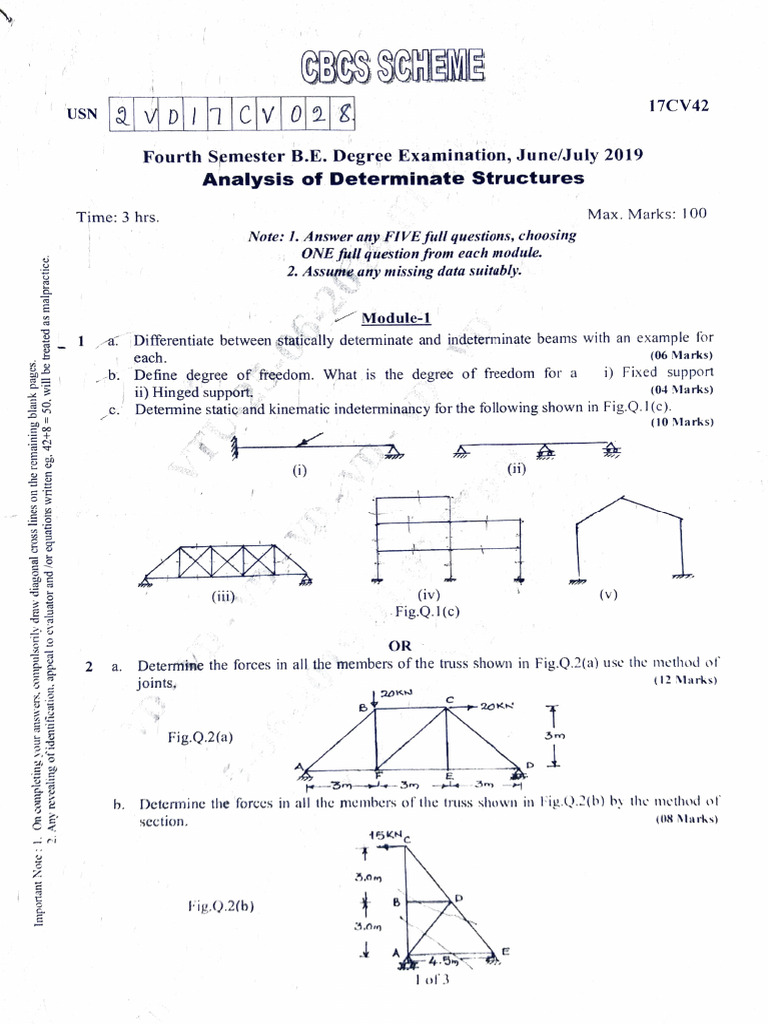 Analysis of Determinate Structures 18CV42 4th Sem | PDF | Beam (Structure) | Mechanical Engineering