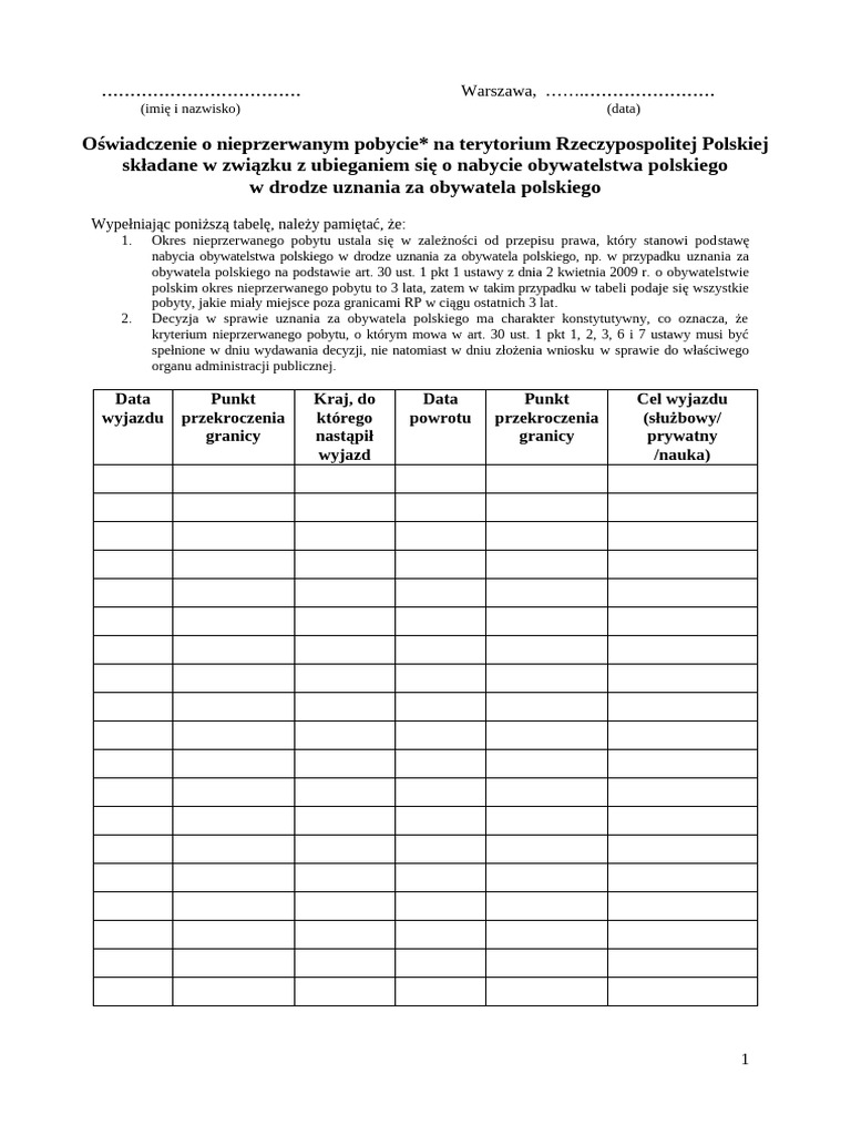 Oswiadczenie o Nieprzerwanym Pobycie | PDF