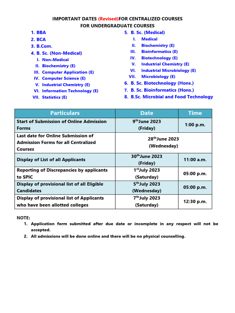 Revised Admission Dates for UG Courses | PDF | Life Sciences | Biology