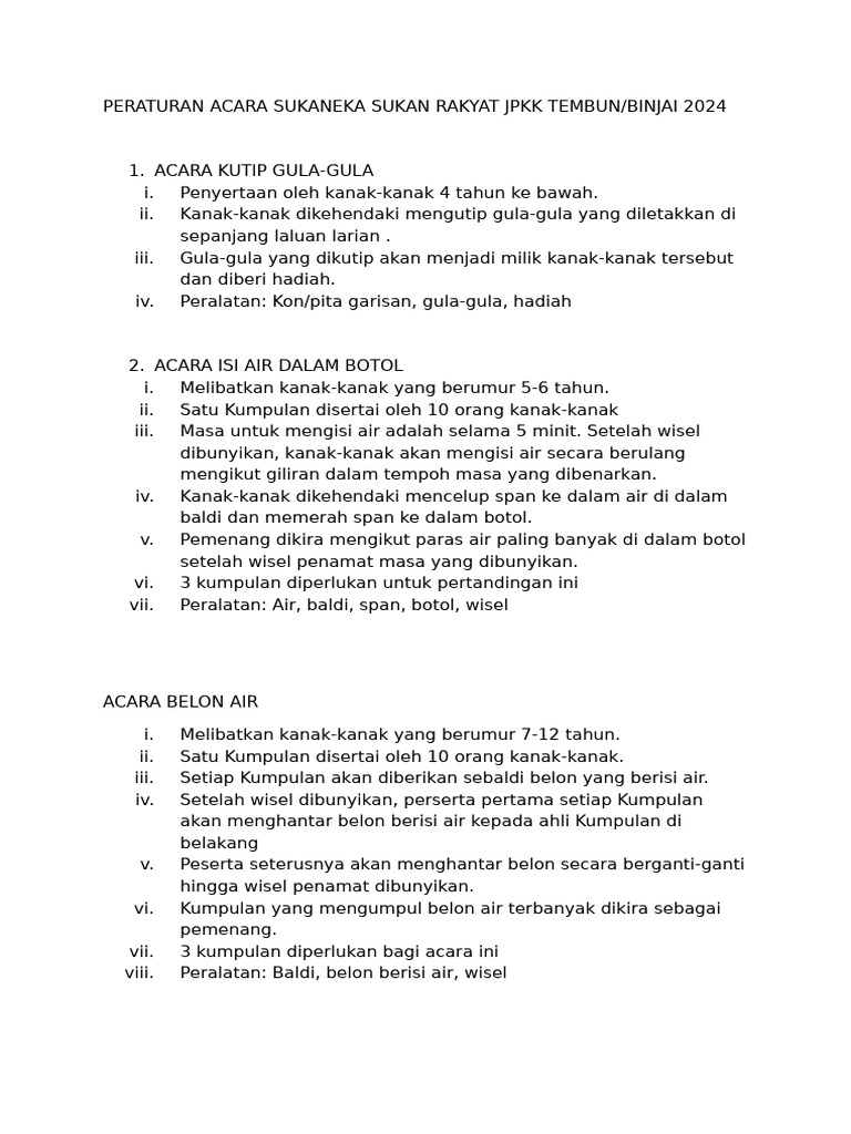 Peraturan Acara Sukaneka Sukan Rakyat JPKK Tembun | PDF
