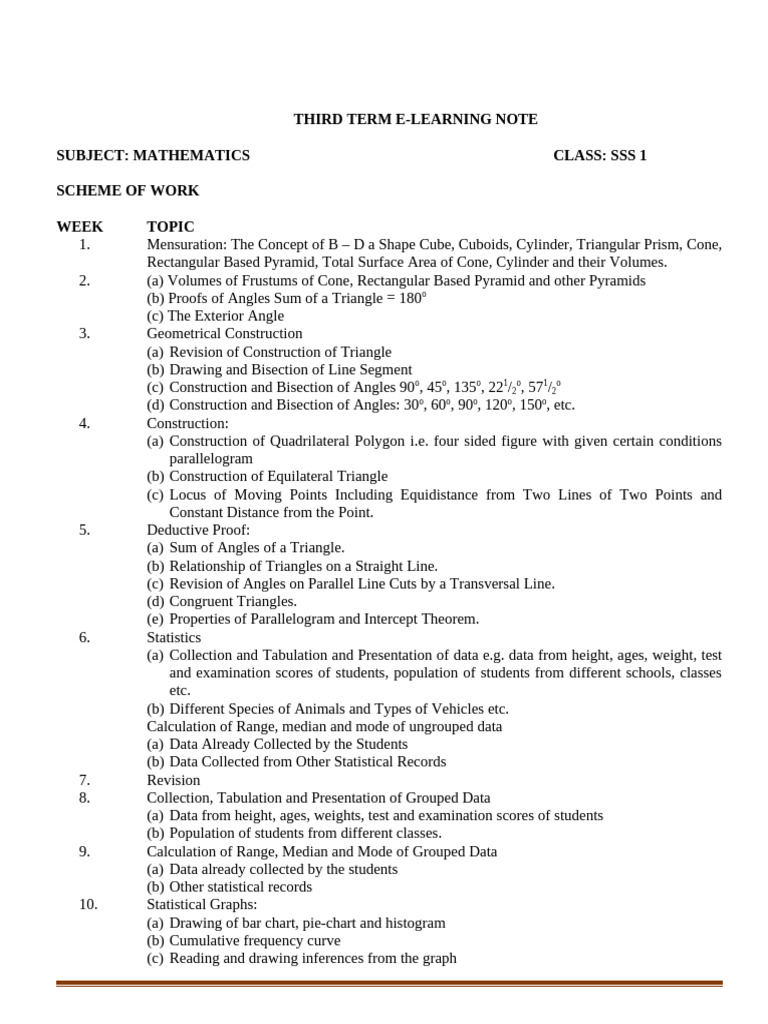 Third Term SS 1 Mathematics Lesson Note | PDF | Area | Rectangle