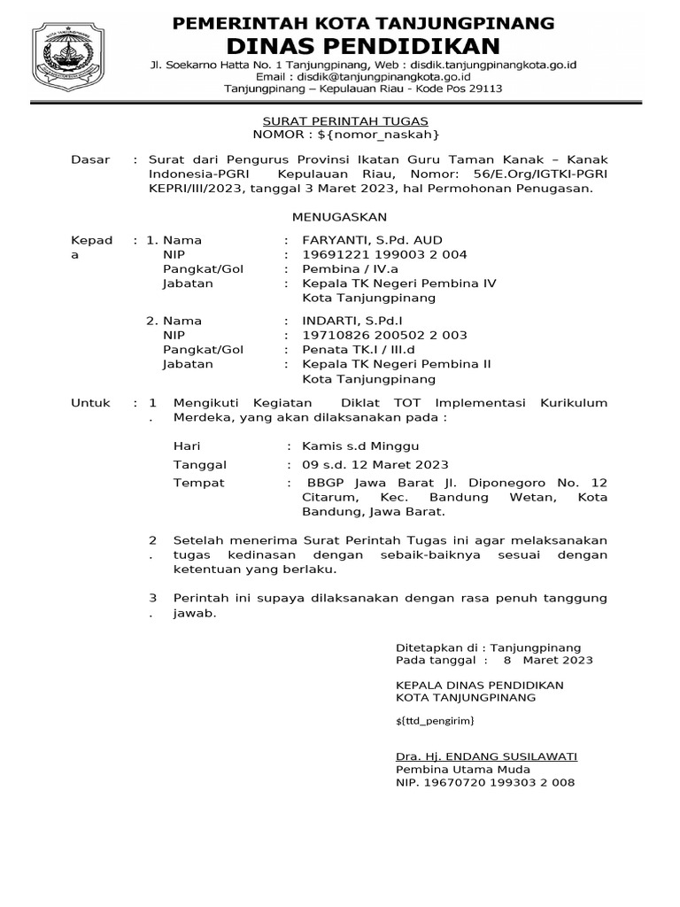 SPT Kegiatan Pemberitahuan Diklat TOT | PDF